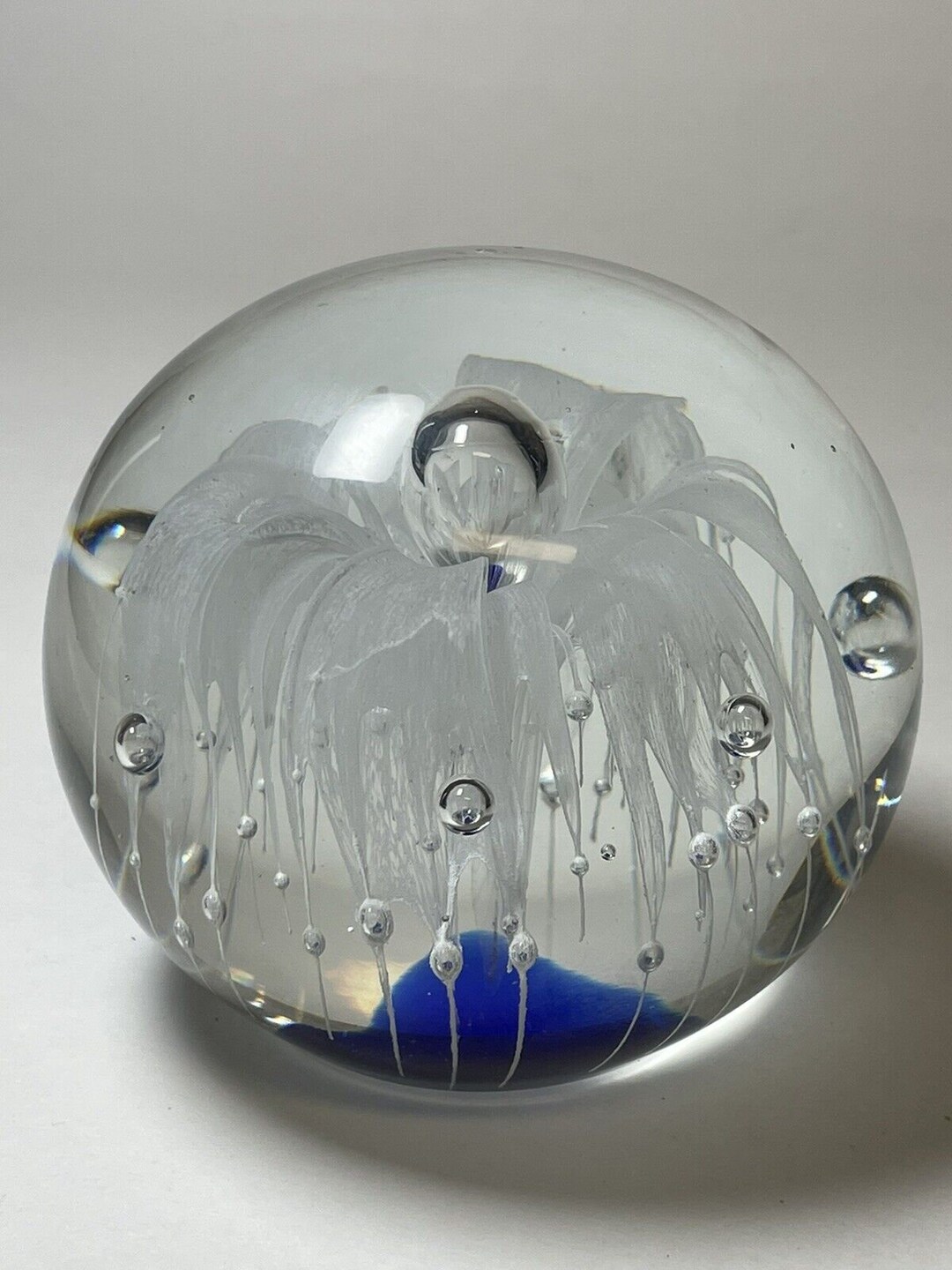 Art Glass Paperweight Sphere Orb Blue White Flower Controlled Bubbles 3 ...