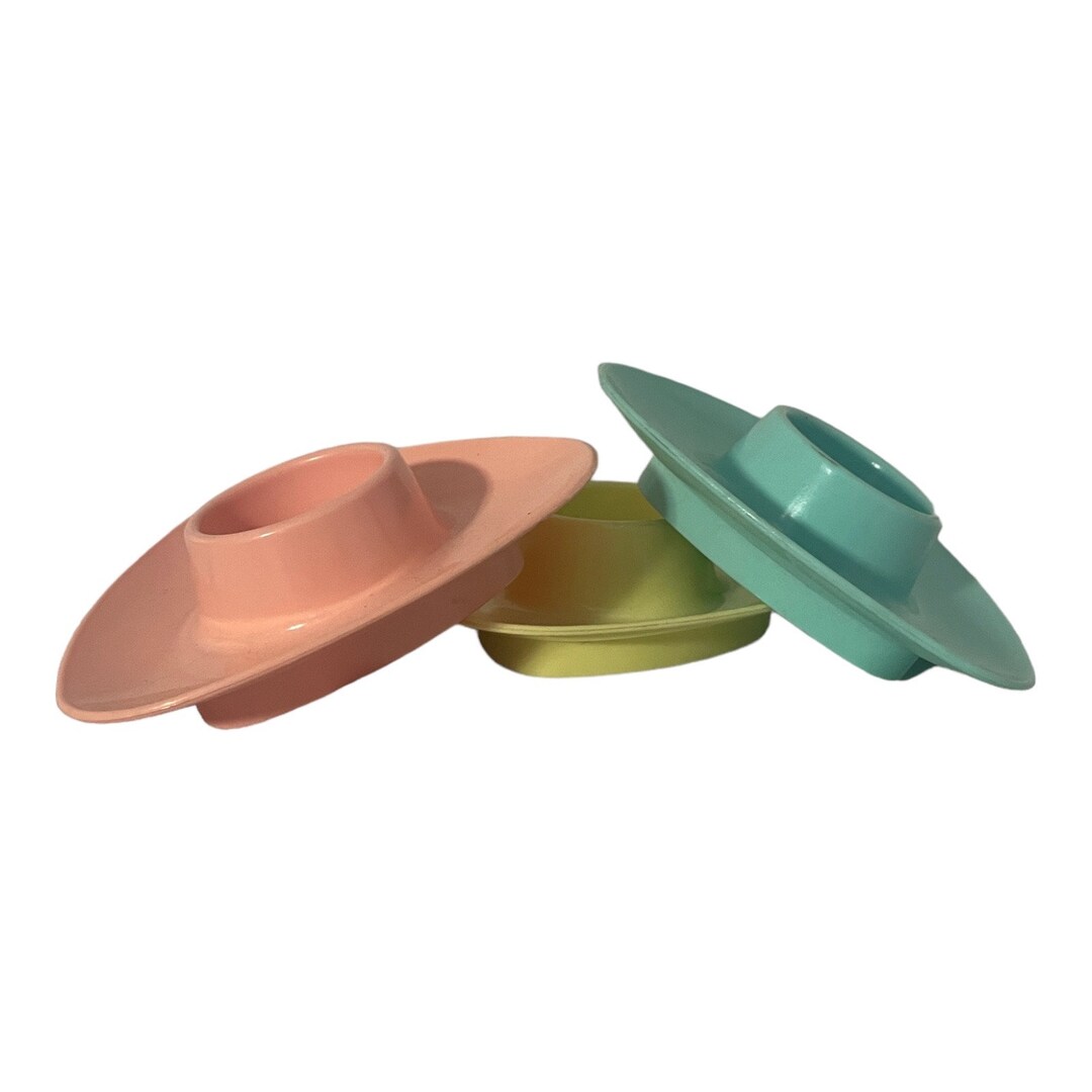 MCM Melamine Egg Cups, Three Pastel Coloured Egg Holders, Atomic Shape ...