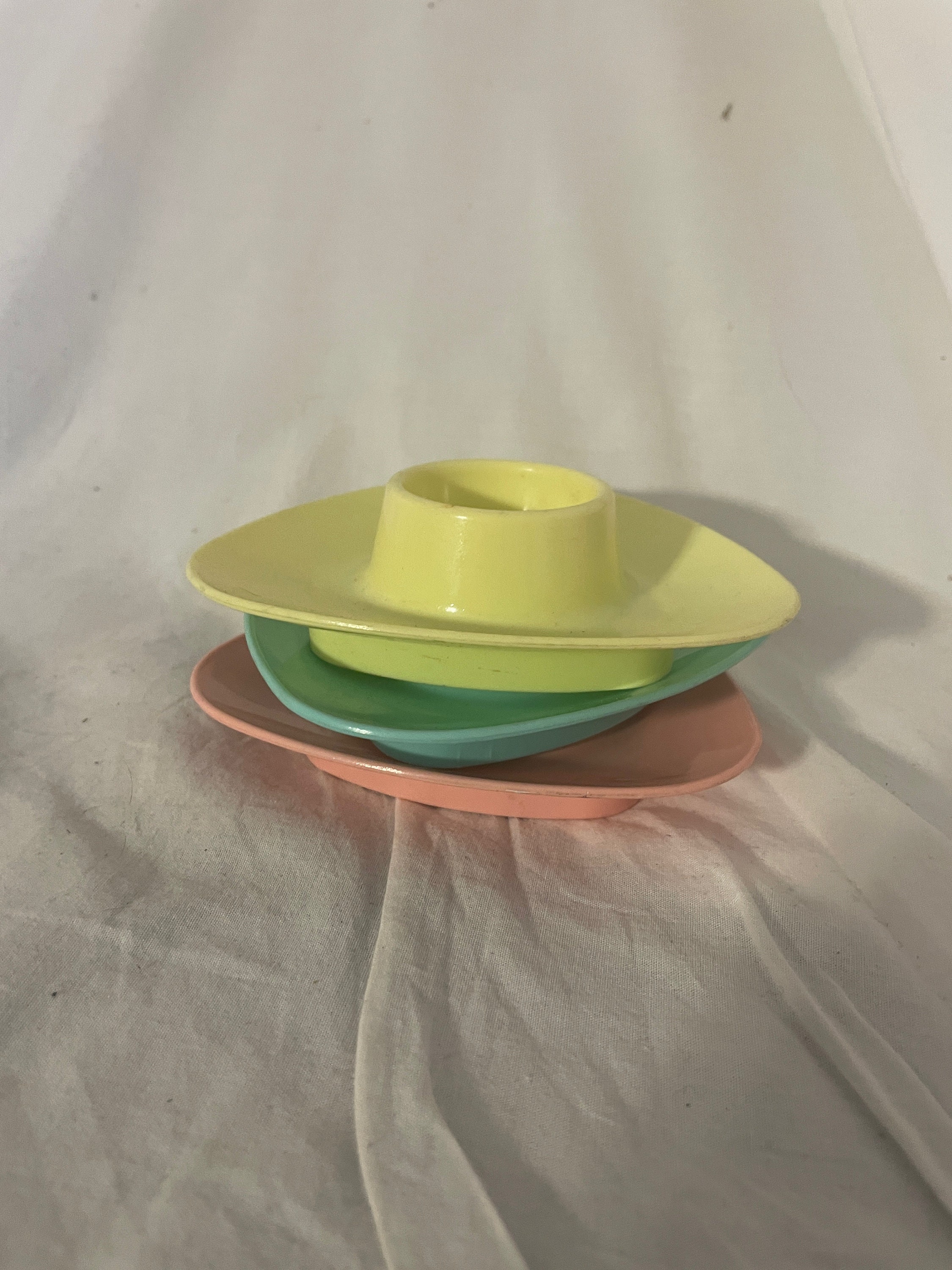 MCM Melamine Egg Cups, Three Pastel Coloured Egg Holders, Atomic Shape ...