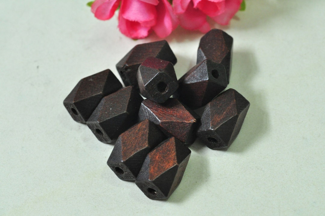 20pcs/pack Oblong Brown Finished Natural Wood Beads 14 Hedron Geometric ...