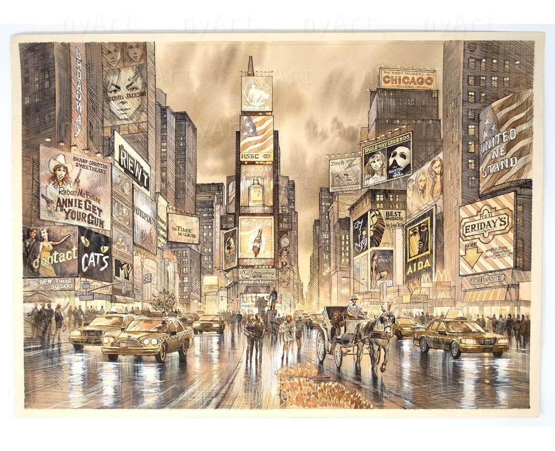 Times Square Night Scene – Original Sepia Watercolor Painting by ...