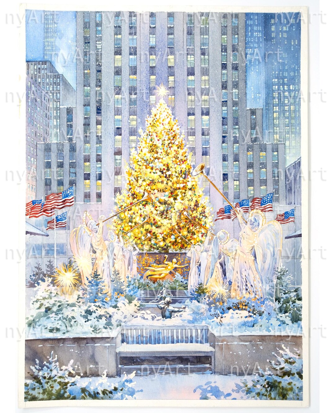 Rockefeller Center Christmas Tree – Original Watercolor by Roustam Nour ...