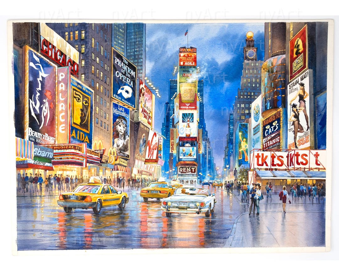 Times Square at Night – Original Watercolor Painting by Roustam Nour ...