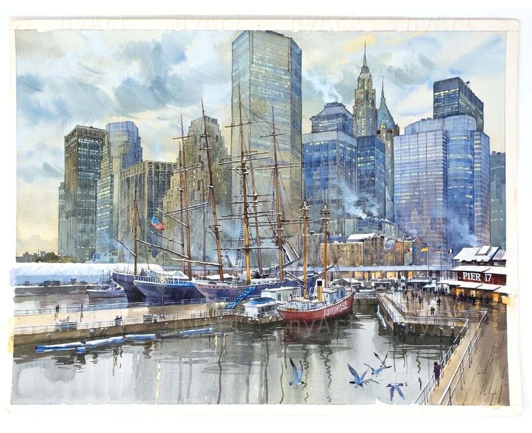 Pier 17 and Manhattan Skyline – Original Mixed Media Watercolor ...