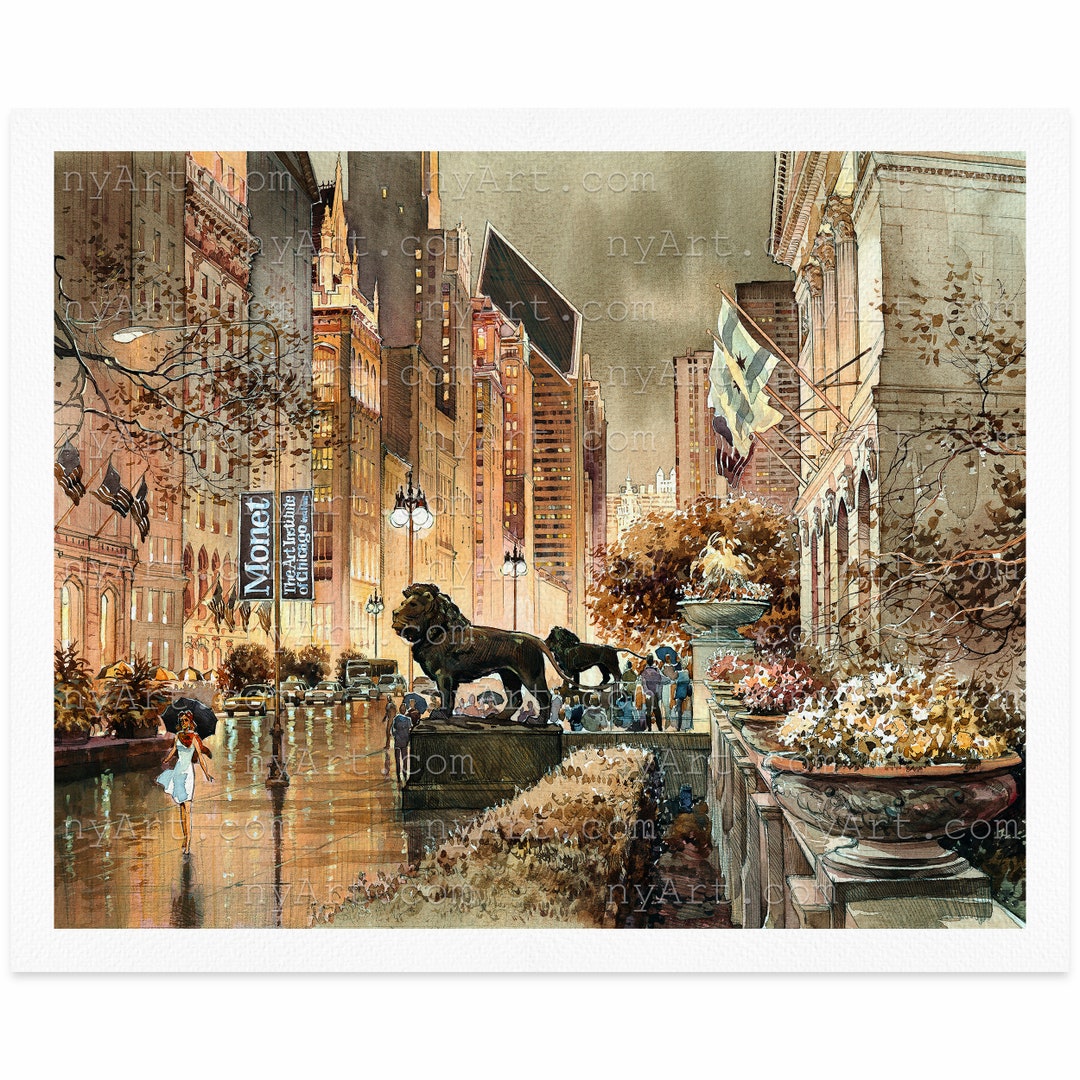 Chicago Art Institute Wall Art Print, Rainy Evening on South Michigan ...