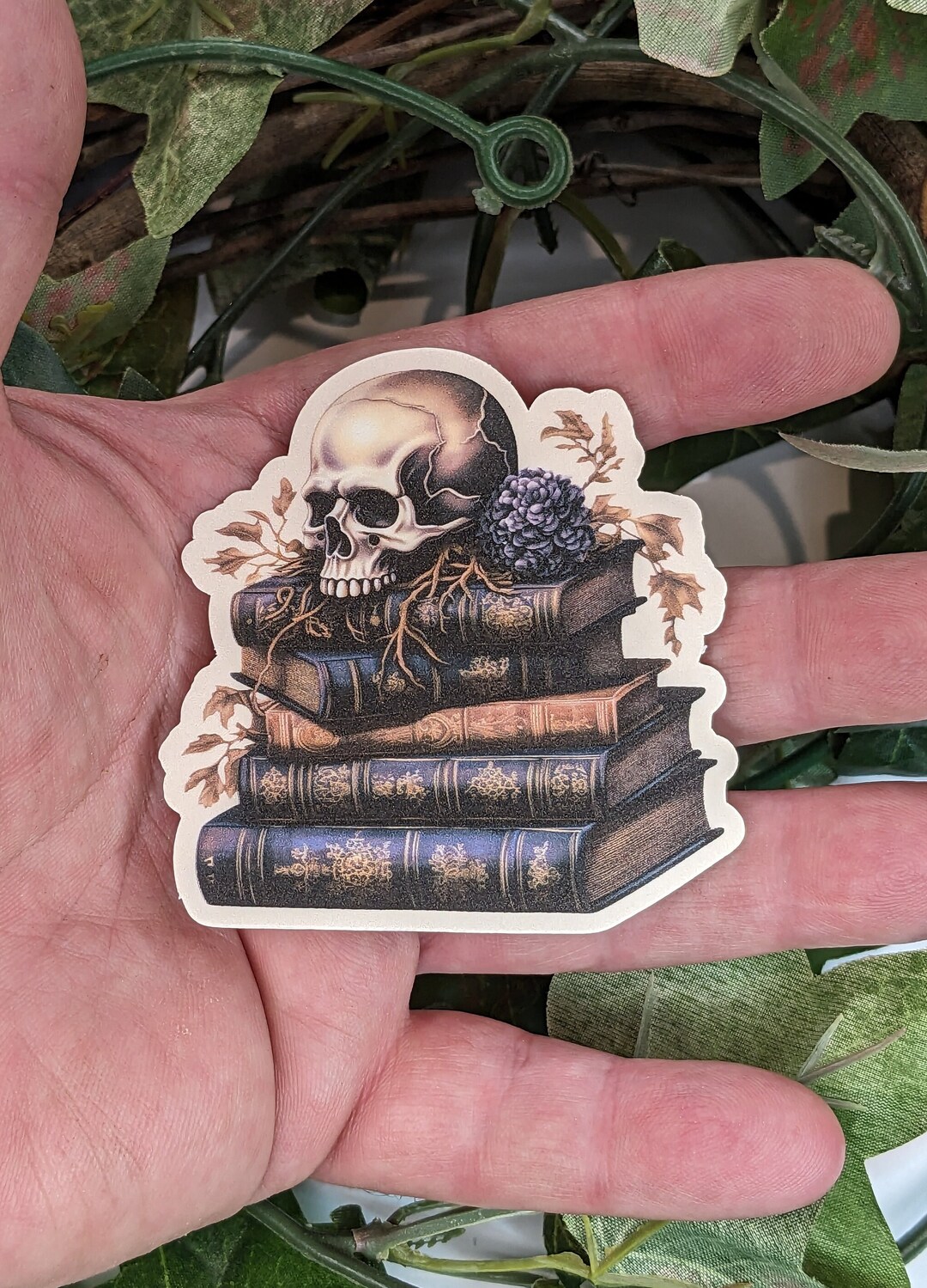 Gothic Sticker - Skull Book Stack - Waterproof Vinyl - Laminated Matte ...