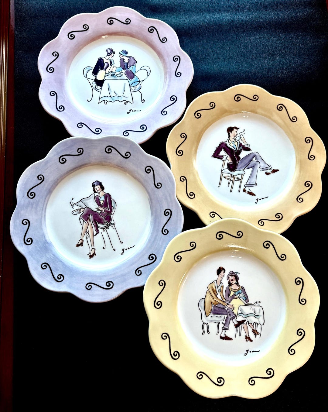 Party Life Set of 4 Scalloped Desert Plates - Coffee Time Scenes . Vtg ...