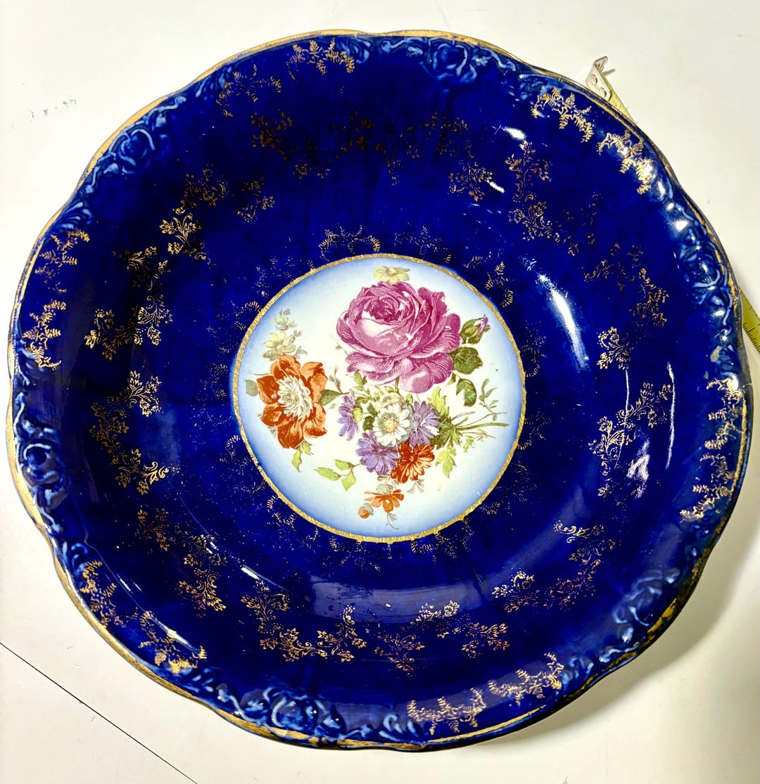 Wood & Sons Blue Flow Bowl 9” Rose Center Gold Guilded Pre 1900 - Etsy