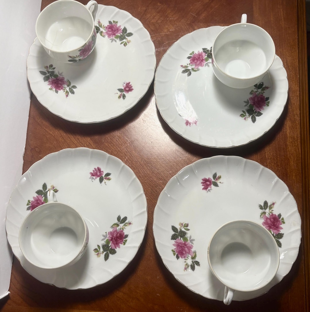 Vtg Moss Rose Snack Plates W/ Tea Cups Bone China Japan. Set of 4 - Etsy