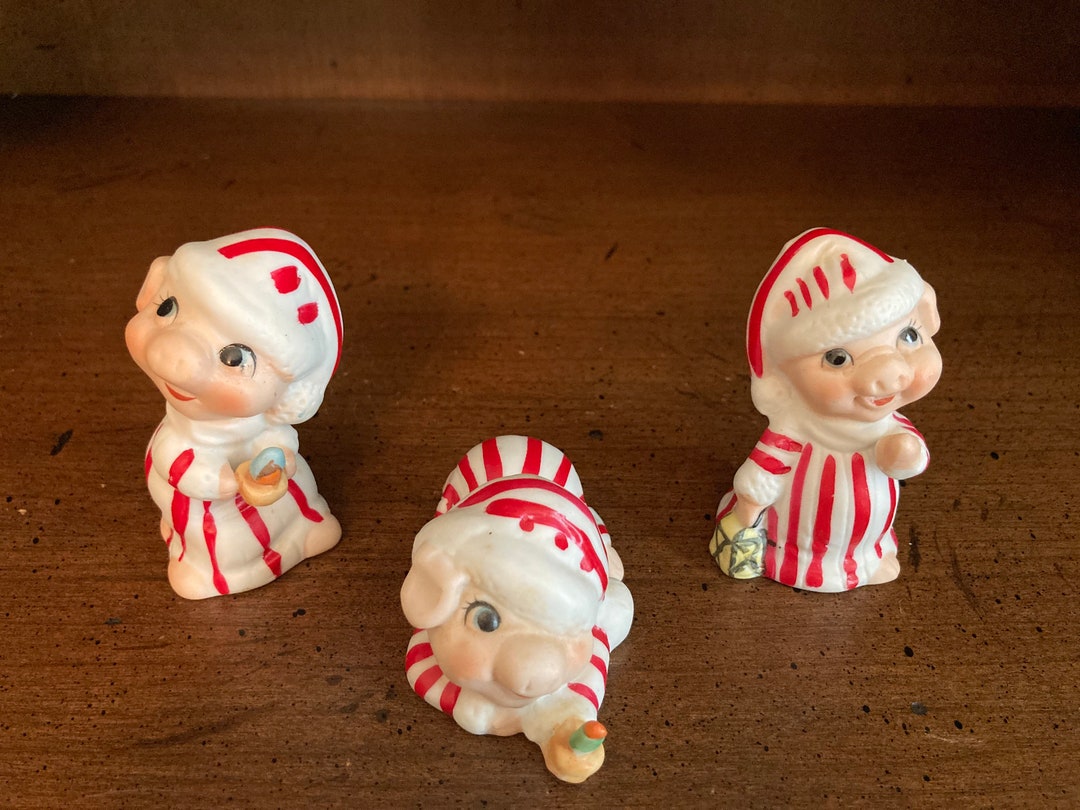 Set of 3 Enesco Pigs in Red Striped Pajamas Mid Century Decor Candy ...