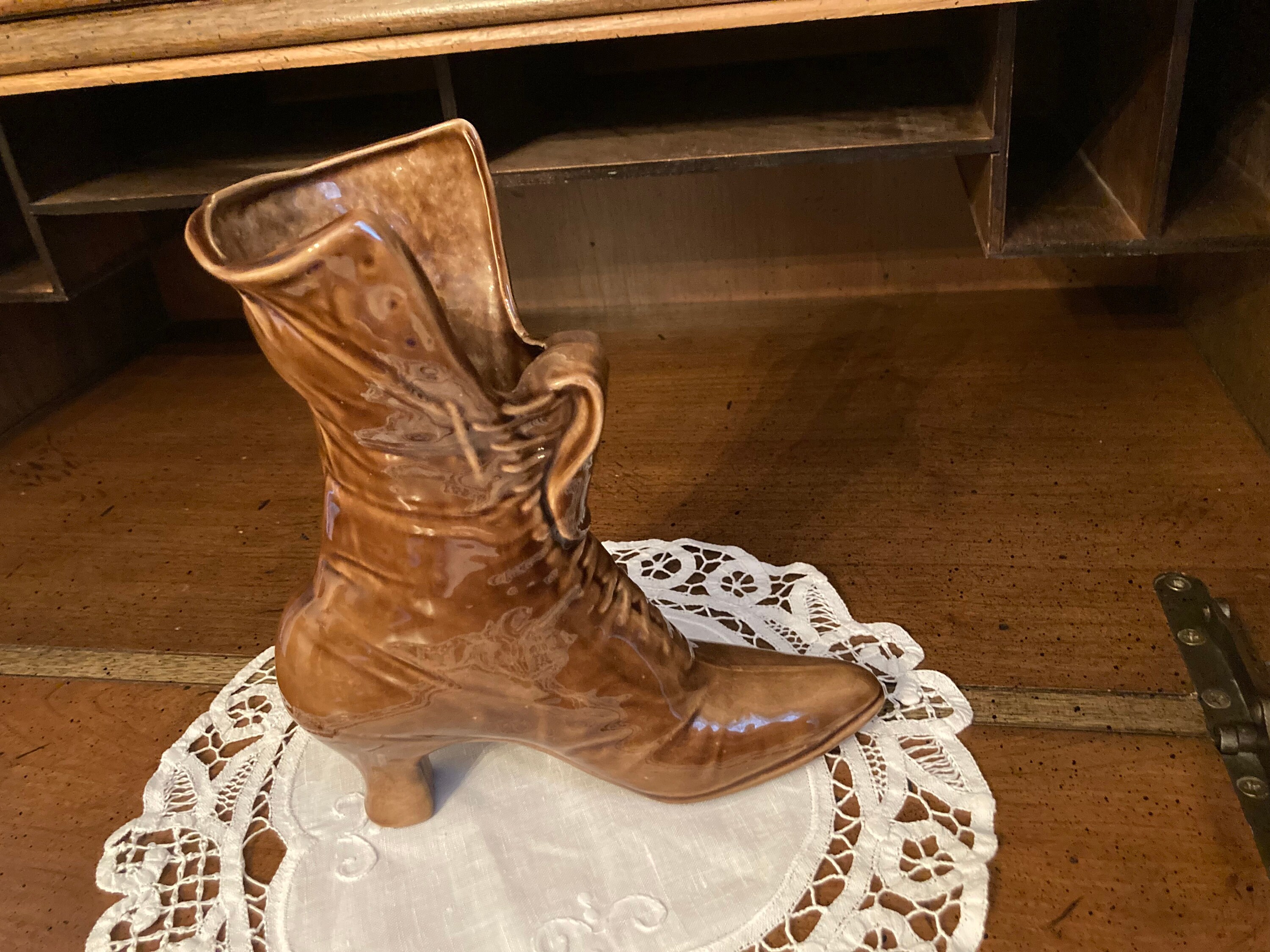 Vintage Ceramic Boot Vase Glazed Brown Unique Vase Gift Idea Flower ...