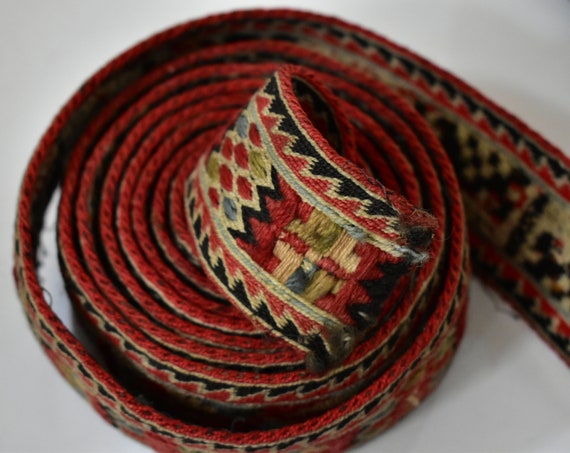 Antique braid woven wool upholstery trim Aztec styling - Gem