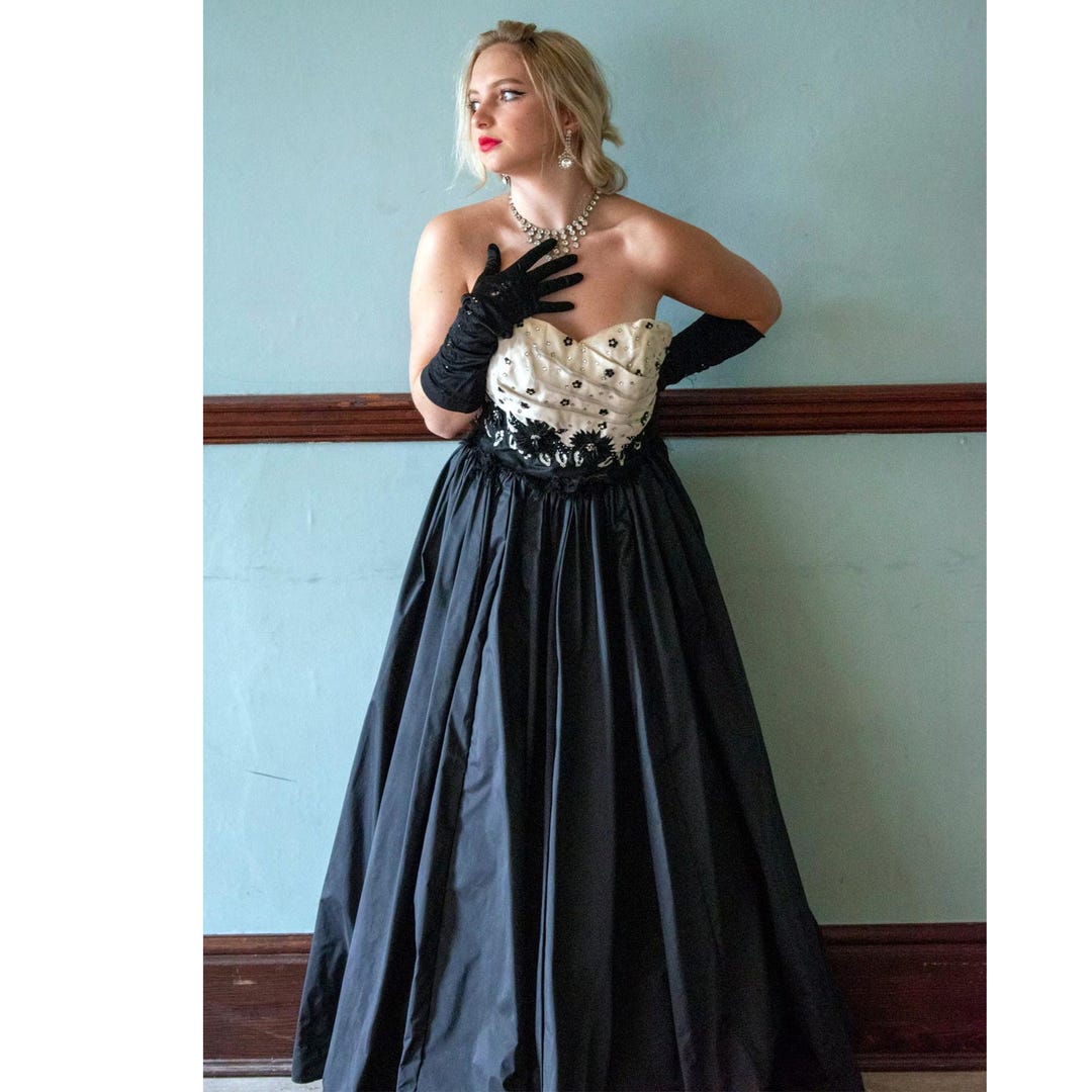 Fifties Prom Dress Corset Top Boned Black Cream Vintage Ball XS ...