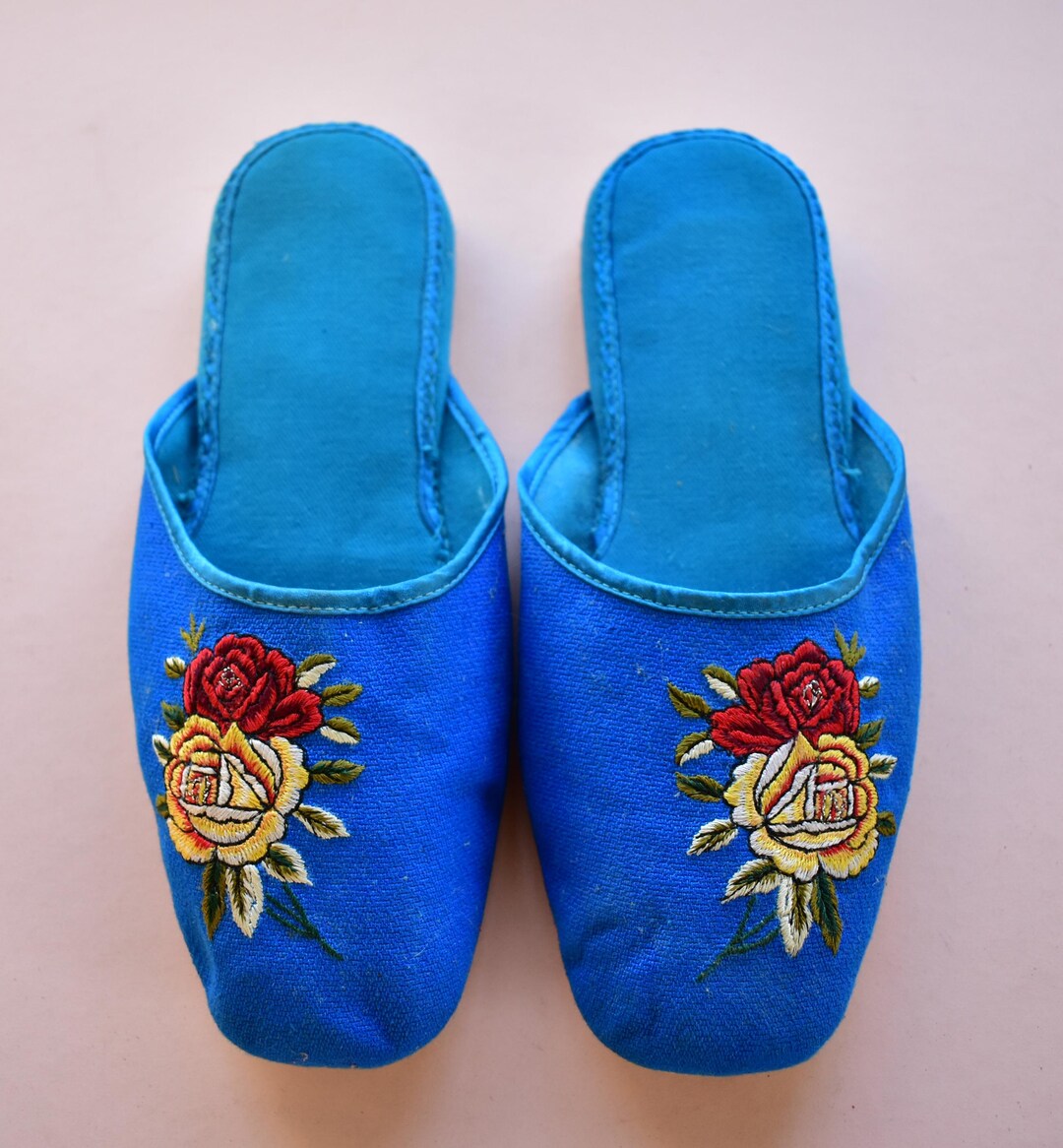 Vintage Chinese Slippers Blue Embroidered 60’s House Shoes 4 - Etsy