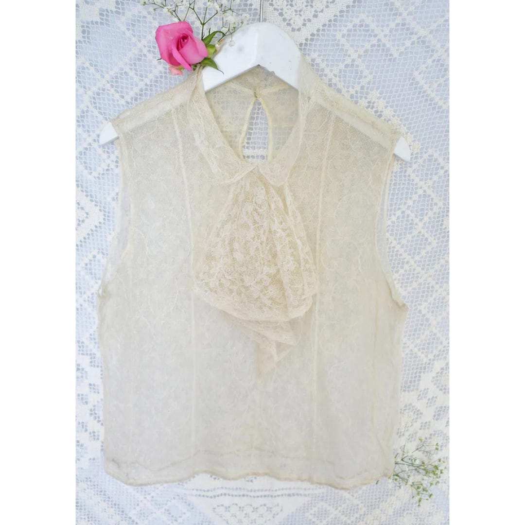 Antique Lace Chemise Cream Top Jabot Front Net Back Wearable Small ...
