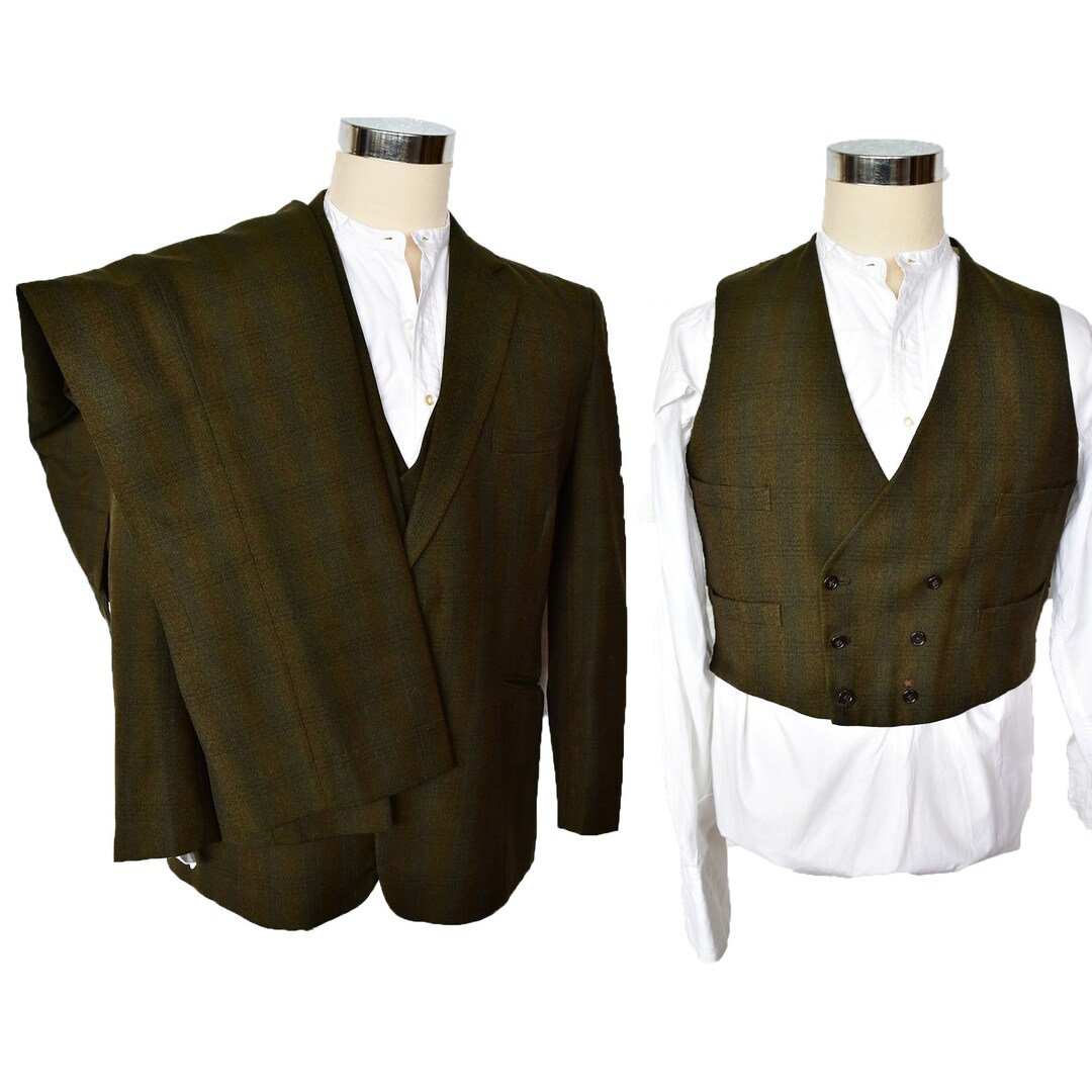 50’s 60's Men's Suit Three Piece Button Fly Lightweight Wool Green ...