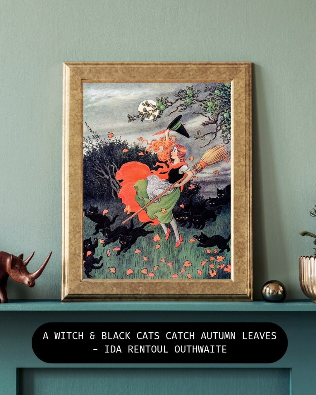 A Witch & Black Cats Catching Autumn Leaves Vintage Art Instant Digital ...