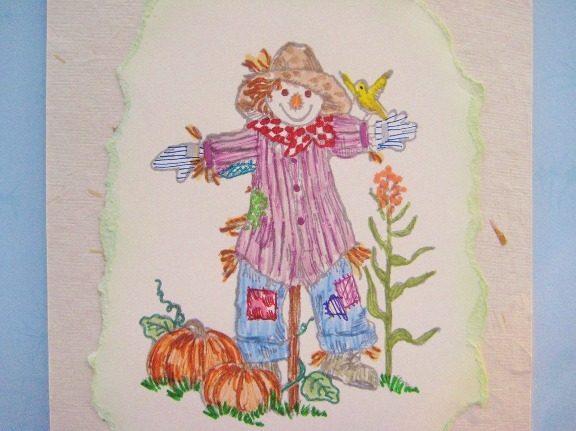 Autumn Scarecrow in Pumpkin Patch Card, Hand Stamped Blank Card ...