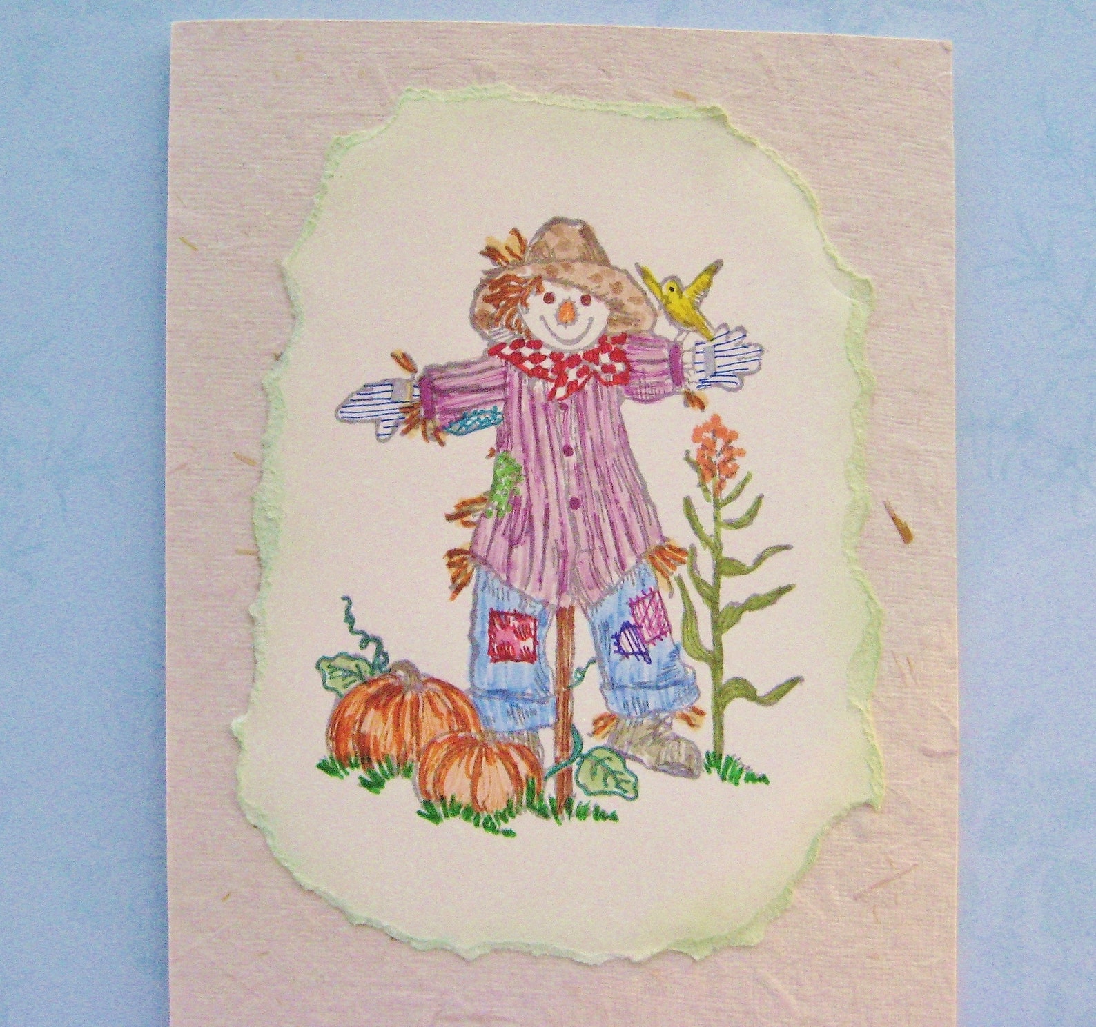 Autumn Scarecrow in Pumpkin Patch Card, Hand Stamped Blank Card ...
