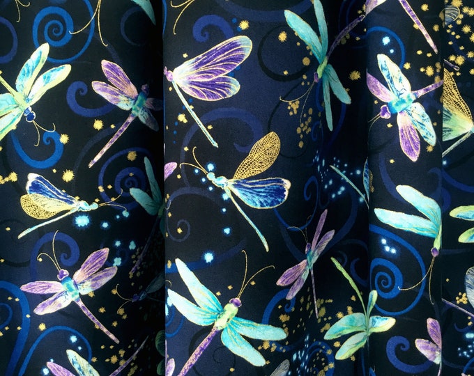 8498M-59 Dancing Dragonflies Dark Navy Metallic Gold Dragonfly Dance ...