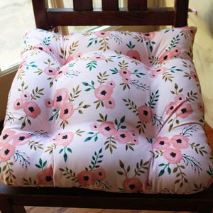 Pink Chair Cushion, Tufted Pad, Pastel Watercolor Floral, Trendy ...