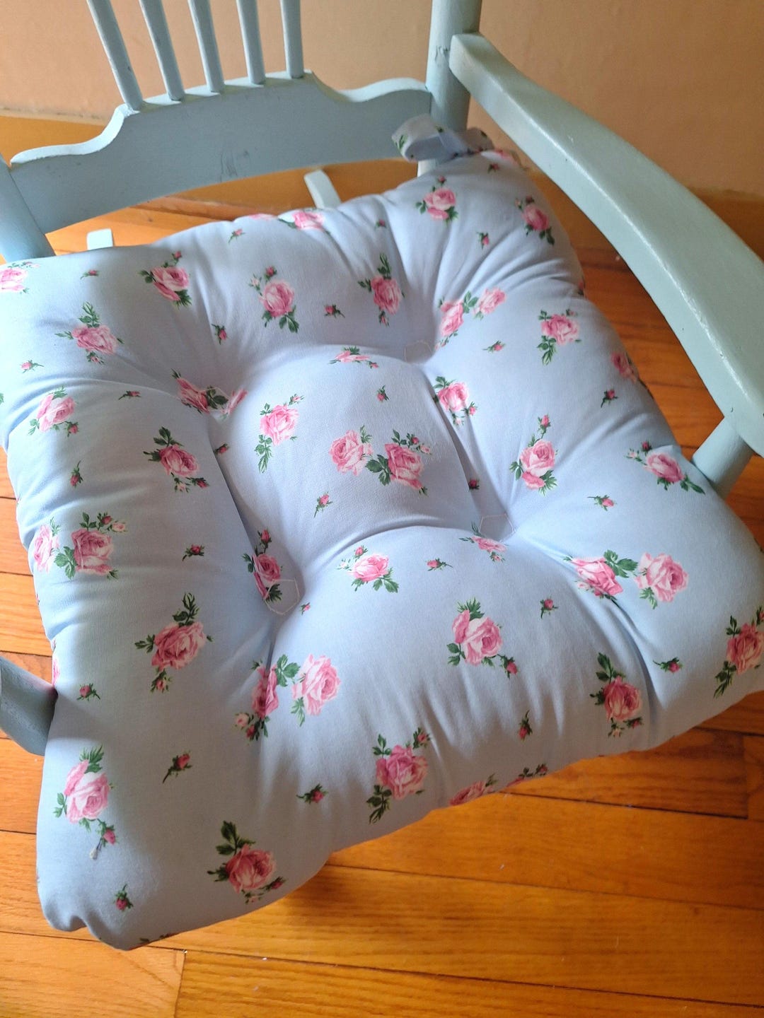 Blue Floral Chair Cushion, Tufted Pad, Light Blue, Rose, Cottage Chic ...
