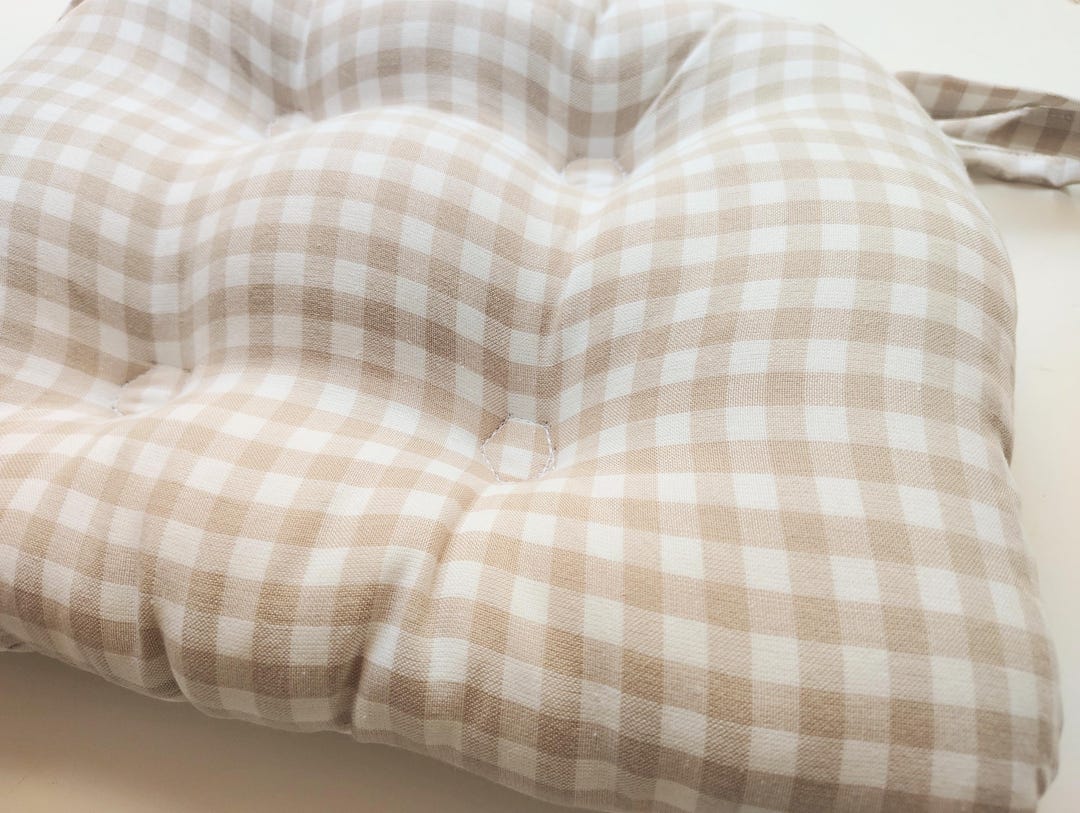 Gingham Tufted Chair Pad: Tan Beige Cottage Chic Cushion - Etsy