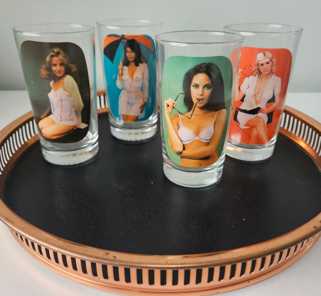 1977 Striptease Highball Glasses Spencer Gifts Set of 4 Vintage Party Glasses Magic Centerfold ...