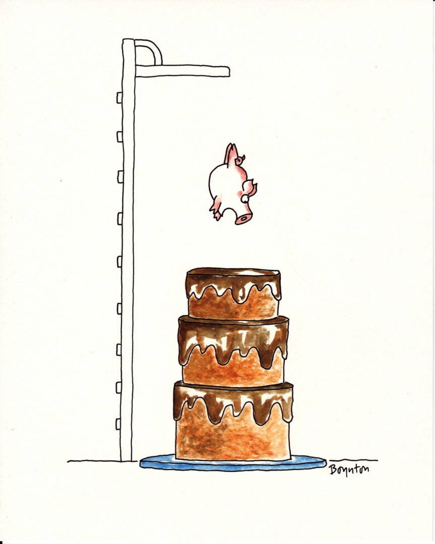 Pig Diving Into Chocolate Cake Vintage SANDRA BOYNTON Framed 8 X 10 ...