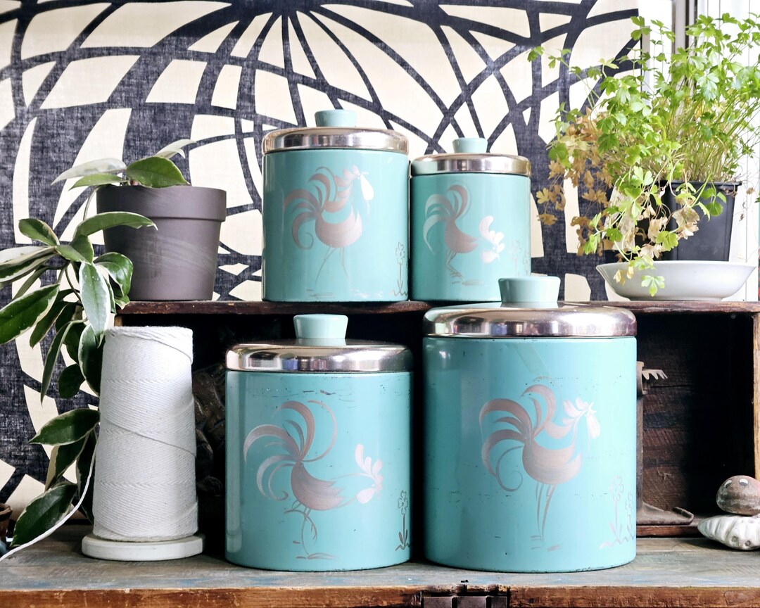 1950s Ransburg Turquoise and Copper Rooster Canisters Set of 4 Covered ...