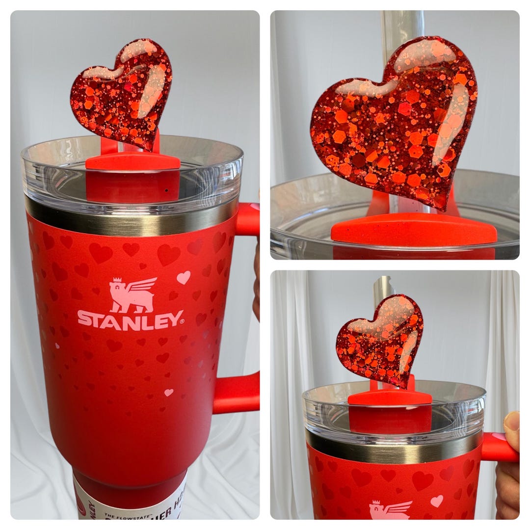 Straw Topper Heart Red Valentines Glitter Shiny Studded Cup Tumbler ...