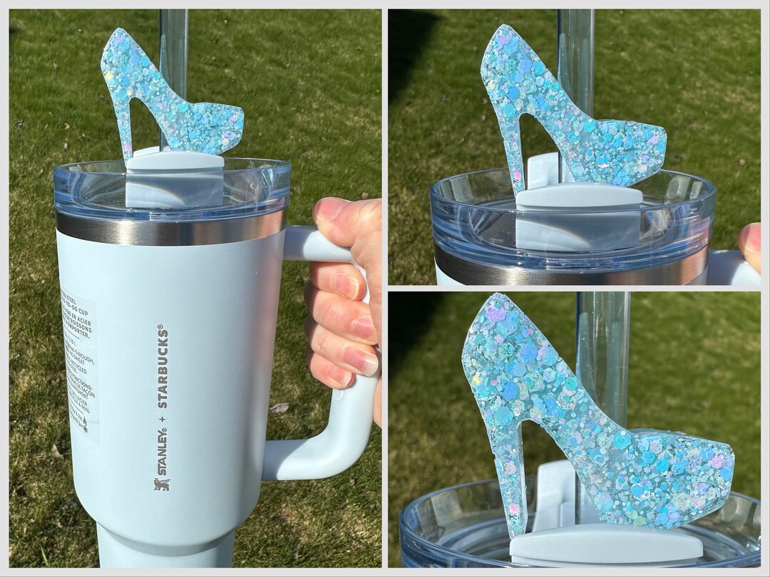 Straw Topper Glass Slipper High Heel Shoe Light Blue Glitter Shiny ...