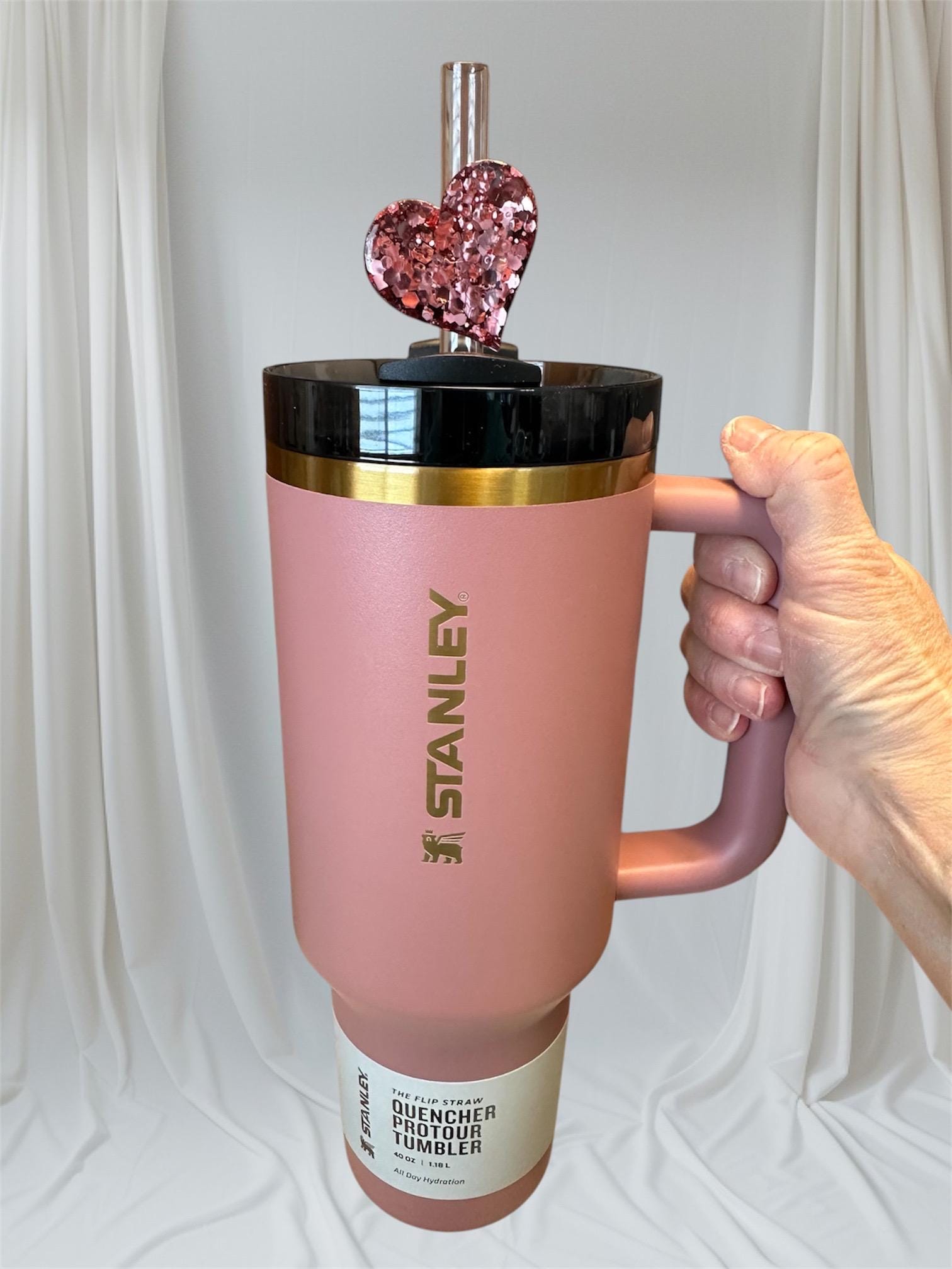 Straw Topper Heart Antique Pink Rose Gold Pink Glitter Shiny Studded ...