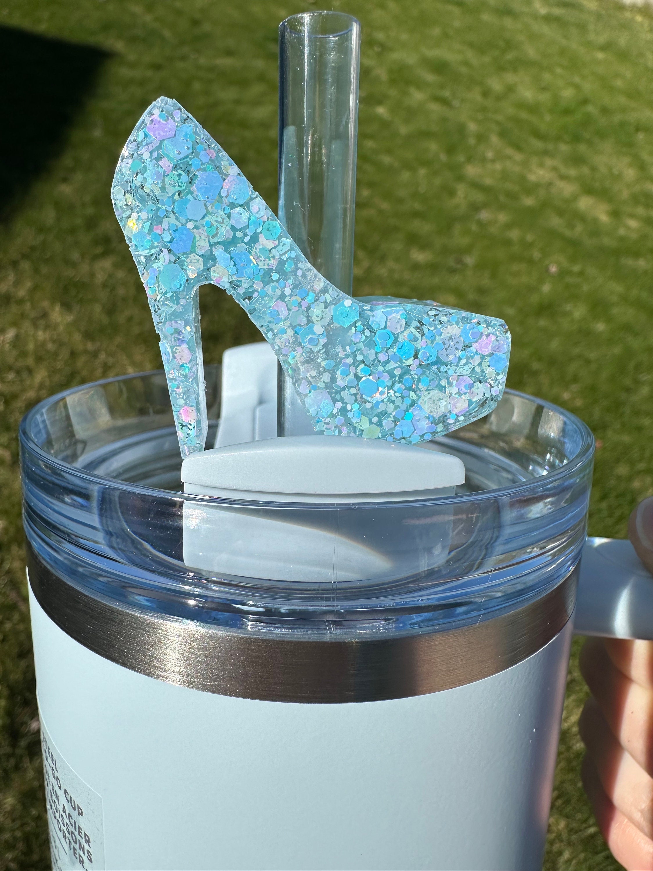 Straw Topper Glass Slipper High Heel Shoe Light Blue Glitter Shiny ...
