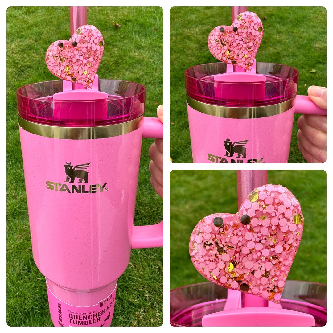 Straw Topper Heart Pink and Gold Glitter Shiny Studded Cup Tumbler ...