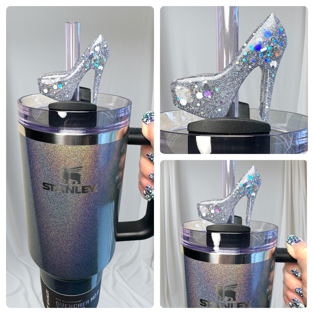 Straw Topper Glass Slipper High Heel Shoe Iridescent Holographic Silver ...