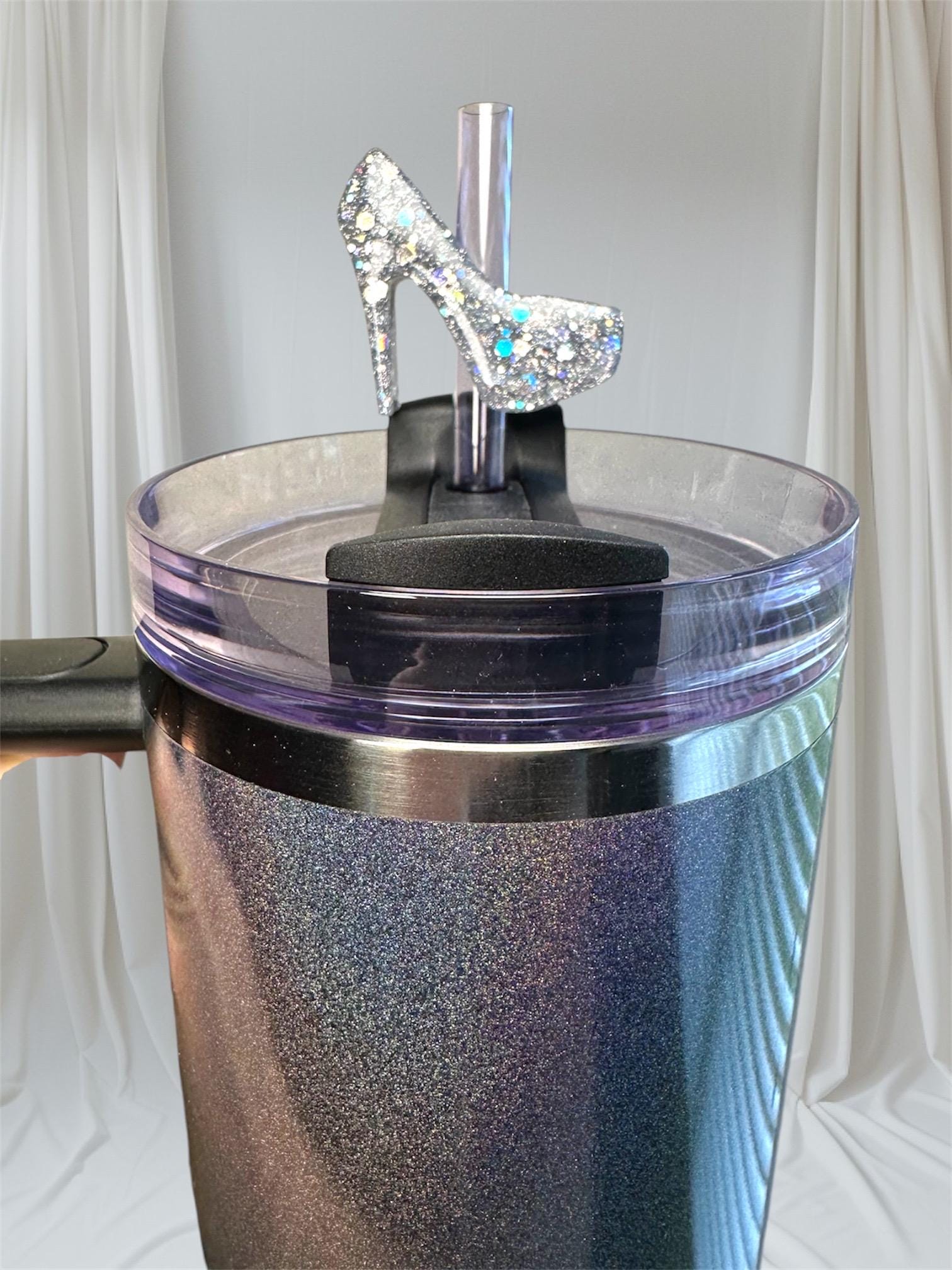 Straw Topper Glass Slipper High Heel Shoe Iridescent Holographic Silver ...