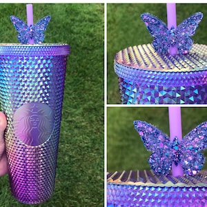 Straw Topper Butterfly Iridescent Purple Bling Glitter Shiny Cup ...
