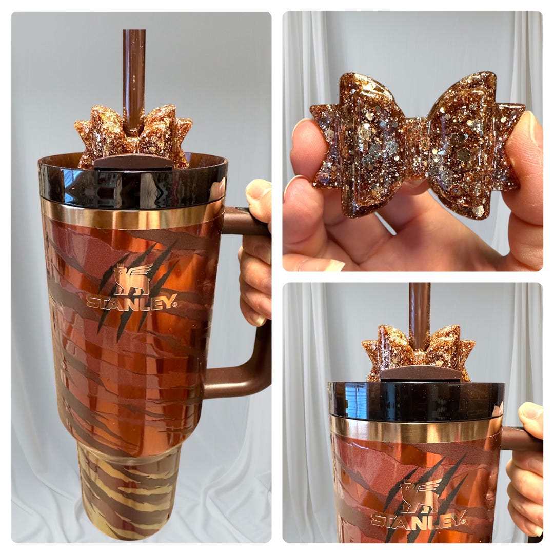 Straw Topper Bow Gold Glitter Shiny Studded Cup Tumbler Toppers Brown ...