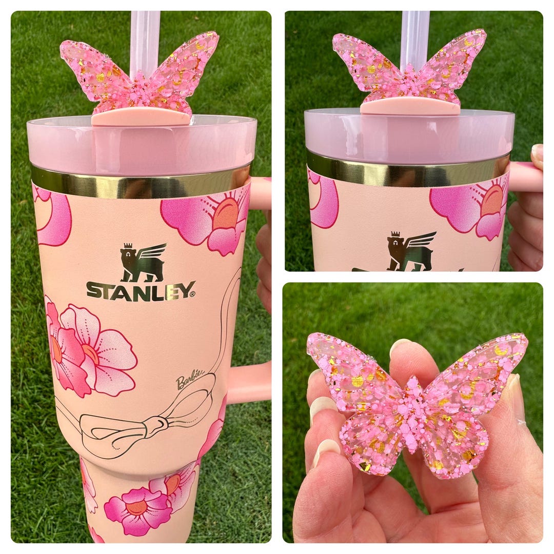 Straw Topper Butterfly Peaches and Cream Pink Gold Floral Glitter Shiny ...