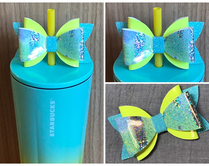 Bow Straw Topper Turquoise Teal Yellow Summer Starbucks Ombre - Etsy