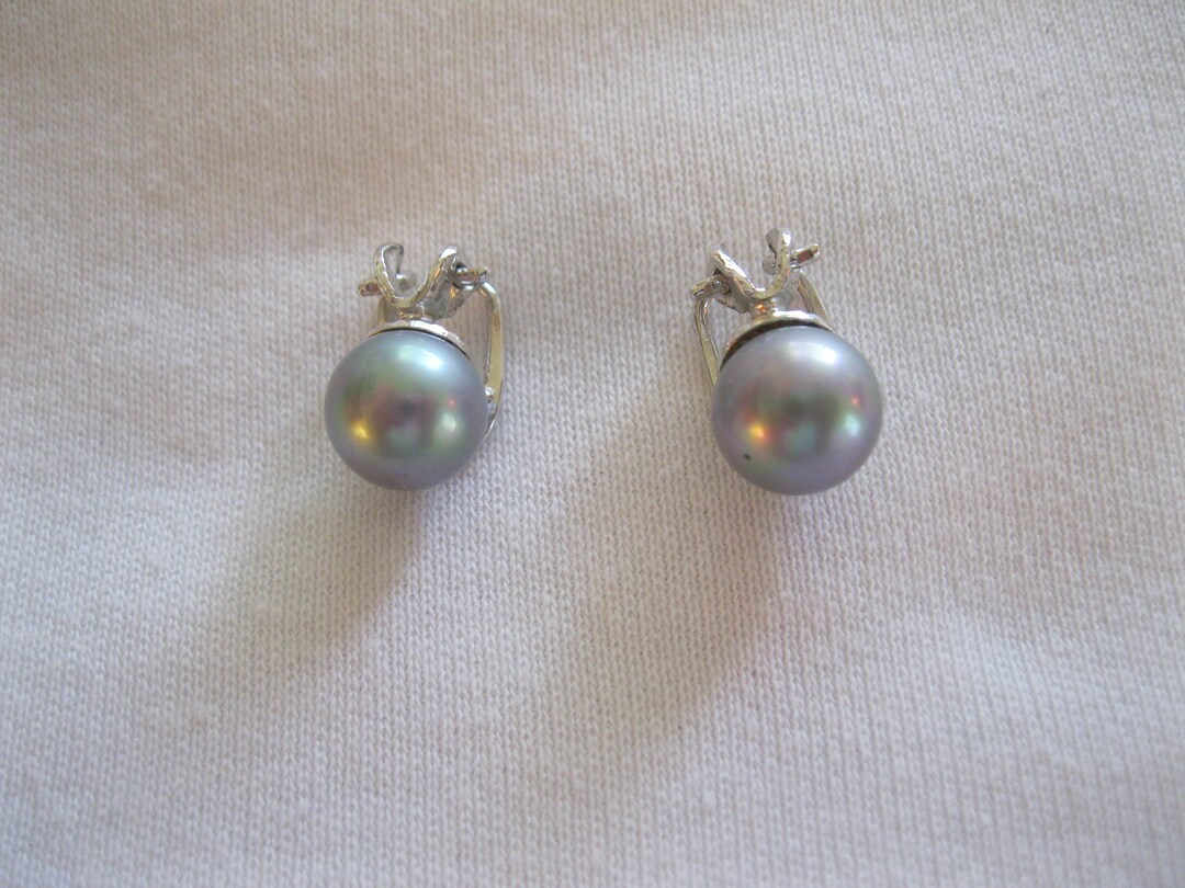 Vintage 1980's Gray Majorca Pearl Earrings Set in Sterling Silver - Etsy