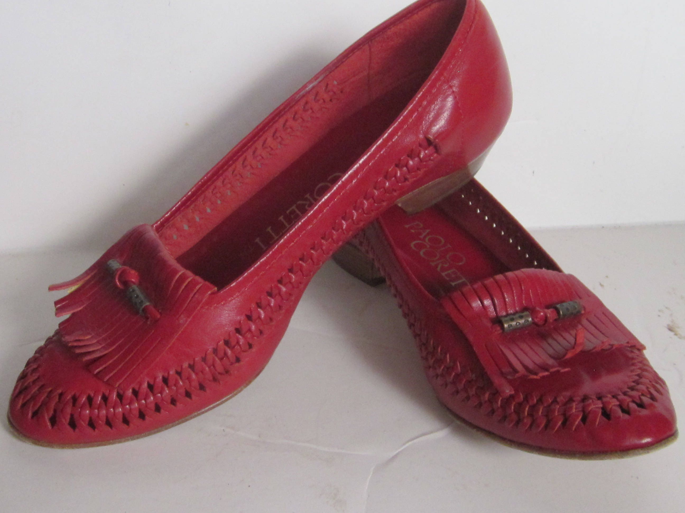 Vintage Paolo Coretti Italian Leather Loafers: Red Woven Fringe Pumps ...