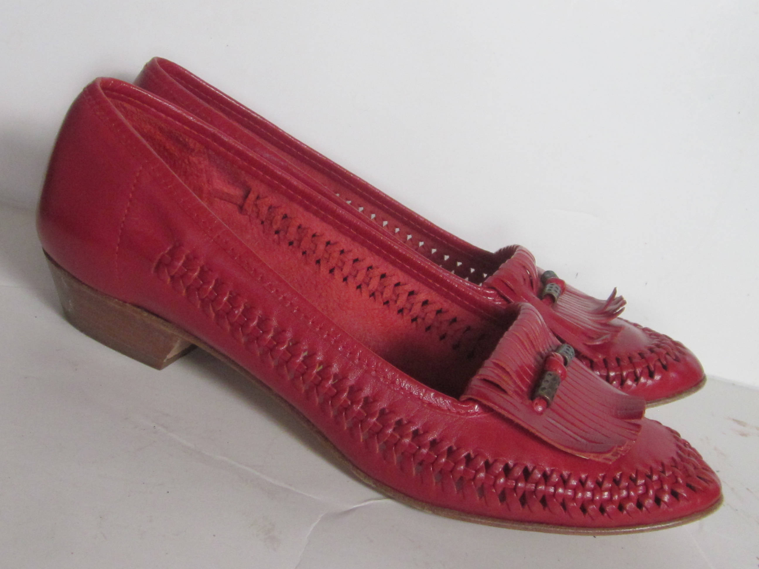 Vintage Paolo Coretti Italian Leather Loafers: Red Woven Fringe Pumps ...