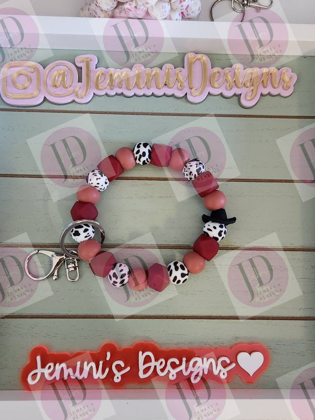 Beaded Bangle Cowboy Maroon Cow Print Keychain/beaded Bangle for Her ...