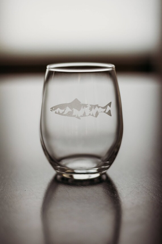 Mountain Fish Etched Stemless Wine Glass Etched Wine Glass | Etsy