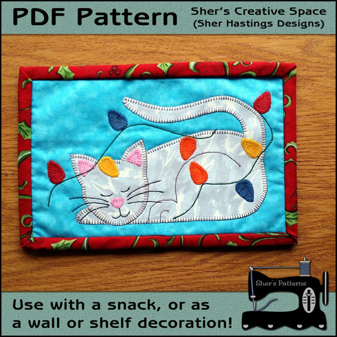 PDF Pattern for Lights and Cat Mug Rug, Christmas Mug Rug Pattern, Cat ...