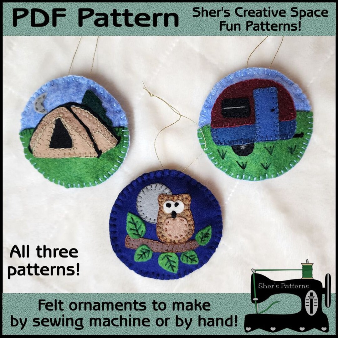 PDF Pattern for Felt Camping Ornaments, Owl Ornament, Camper Applique ...