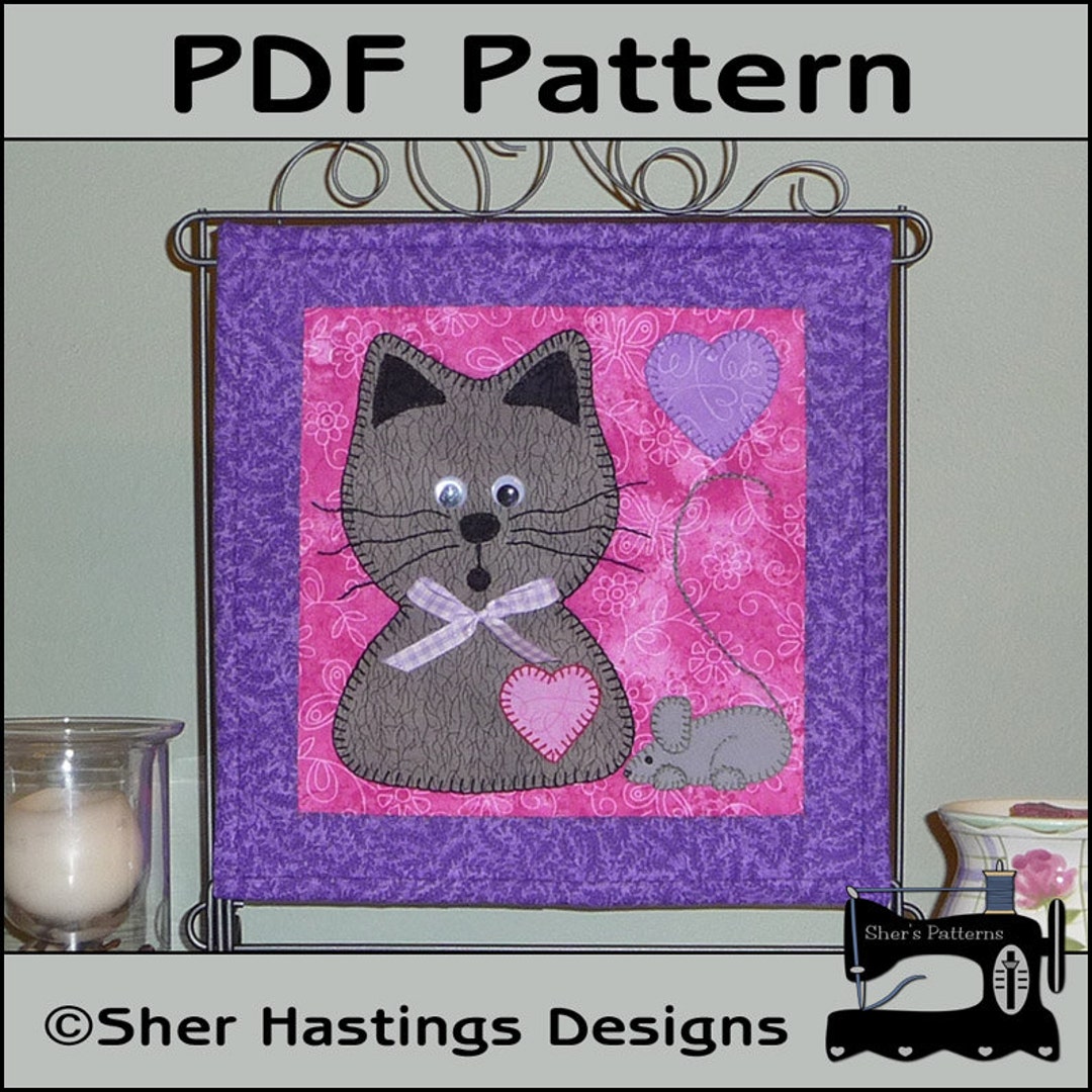PDF Pattern for Cat & Mouse, Mini Quilt, Cat Appliques, Cat Mini Quilt ...