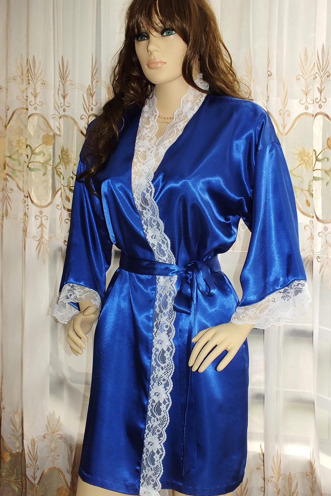 Royal blue robe with lace bridal robe getting ready robe | Etsy